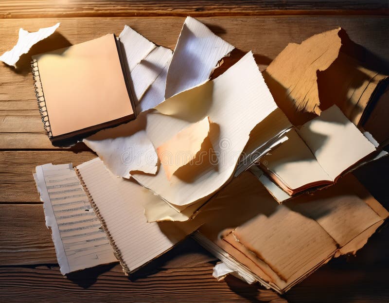 Torn Notebook Pages Spread Across a Wooden Table Under Soft Natural ...