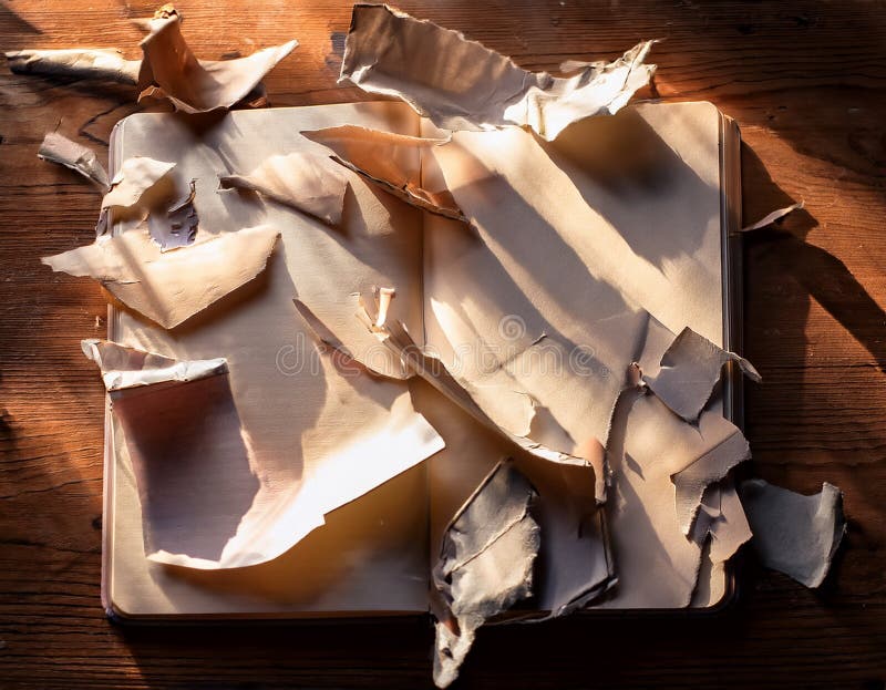 Torn Notebook Pages Spread Across a Wooden Table Under Soft Natural ...