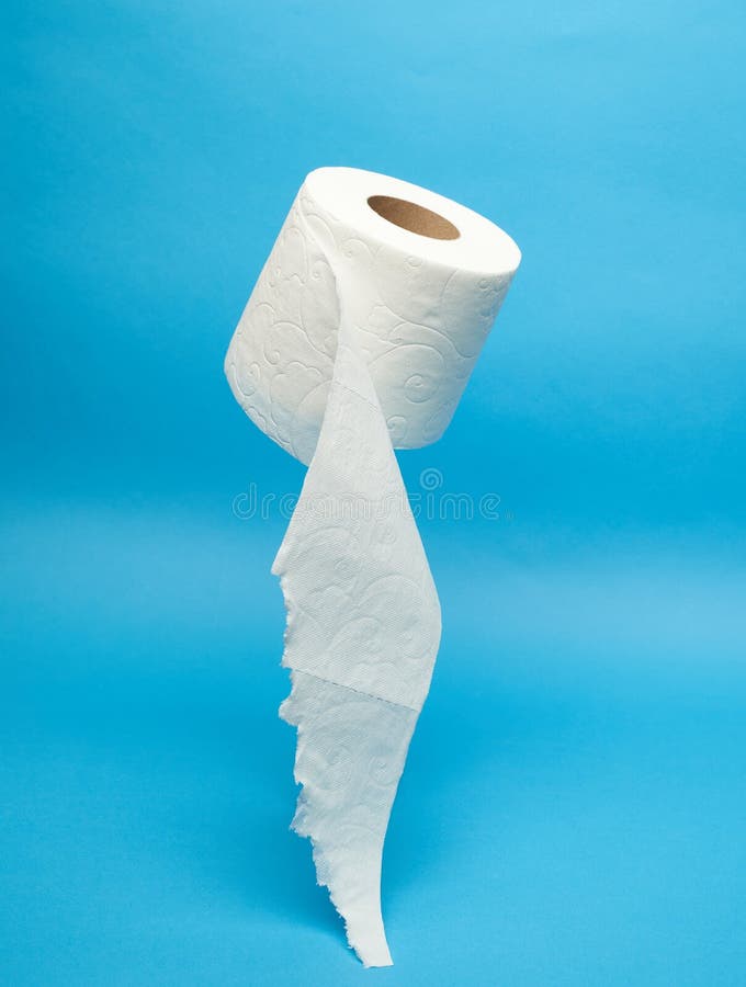 Torn Off White Toilet Paper Roll on Minimalistic Blue Background Stock ...
