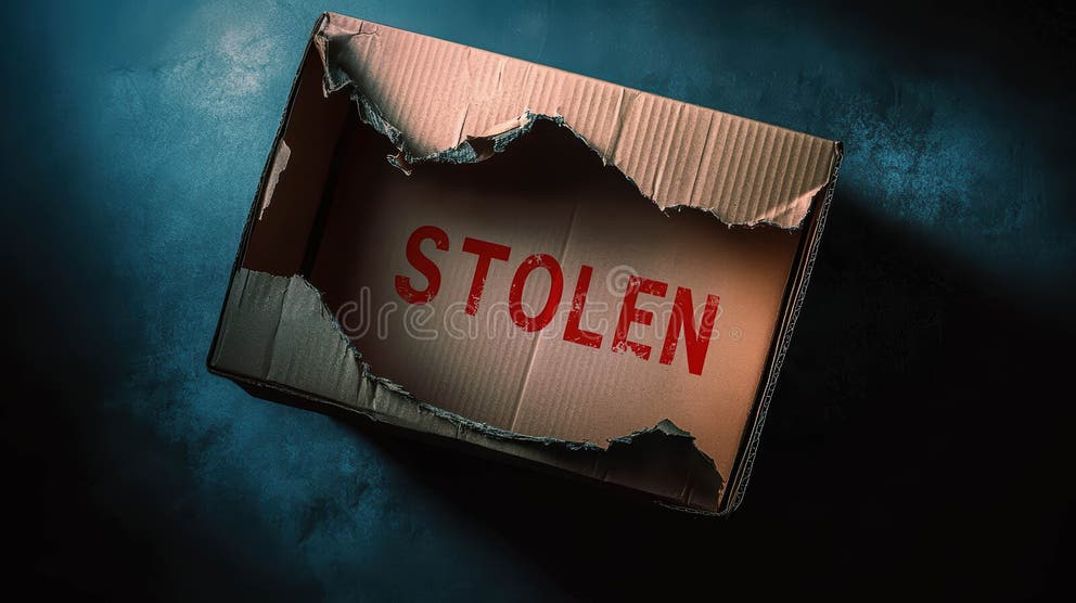 Torn Package with STOLEN Marked Inside, Highlighting Dramatic Loss ...