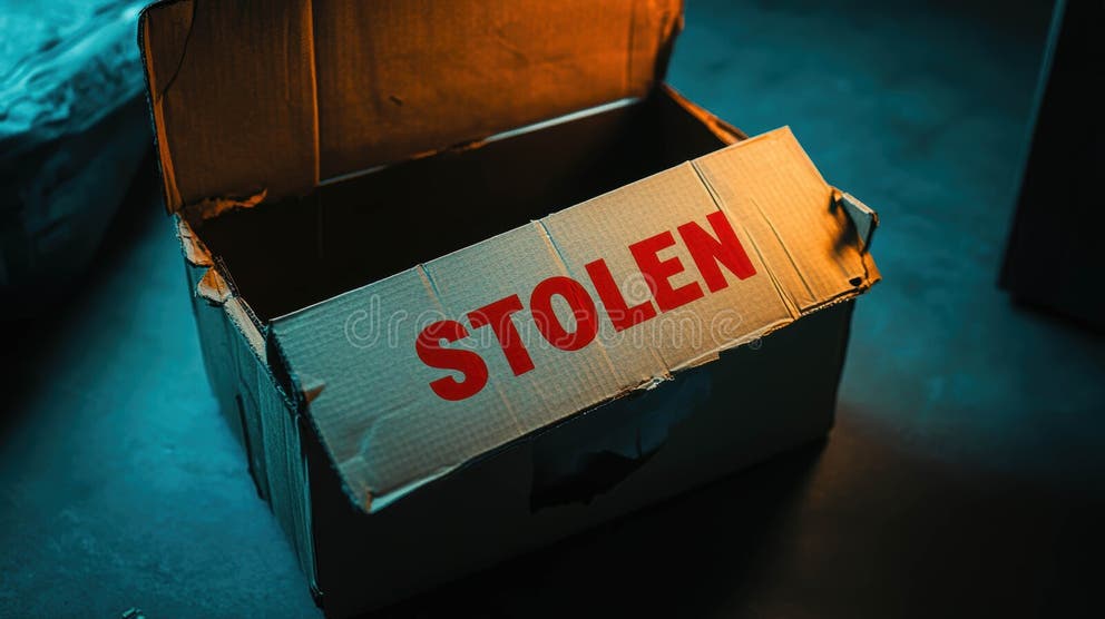 Torn Package with STOLEN Marked Inside, Highlighting Dramatic Loss ...