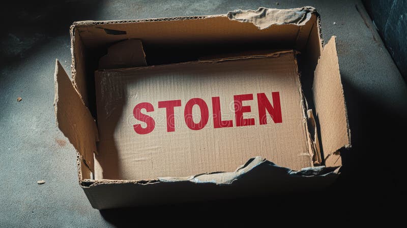 Torn Package with STOLEN Marked Inside, Highlighting Dramatic Loss ...