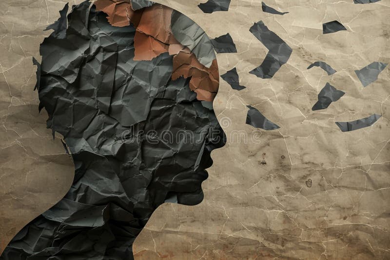 Torn Paper Art Depicting a Human Silhouette with Fragmented Elements ...