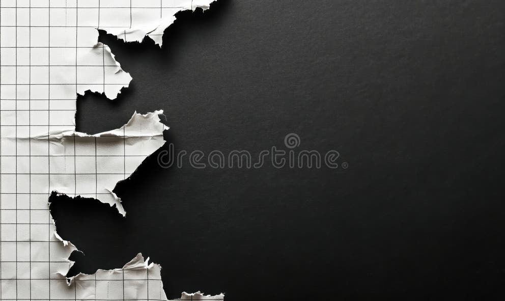 Torn Paper Revealing Black Background, Grid Pattern, Textured Surface, Contrast between White ...