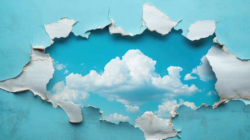 Torn Paper Revealing Blue Sky with Fluffy White Clouds Symbolizing ...