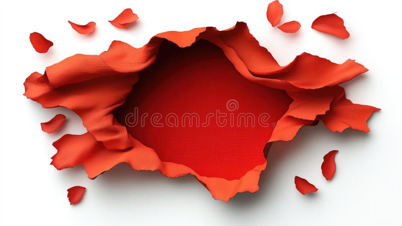 Torn Red Paper with Scattered Petals on White Background Stock ...