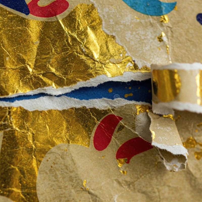 A Torn Shiny Wrapper with Gold and Colored Fragments. Stock Photo ...