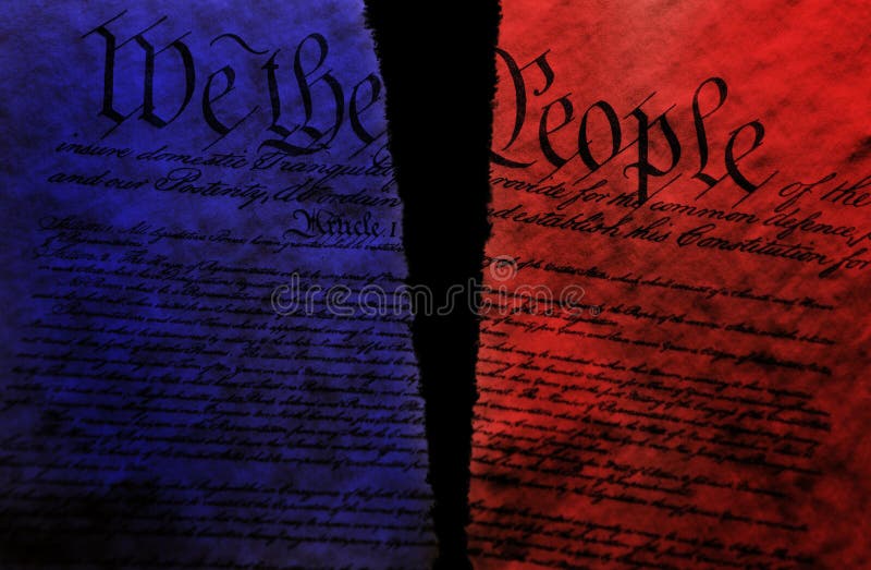 Torn US Constitution with Red and Blue Split Representing Division in ...