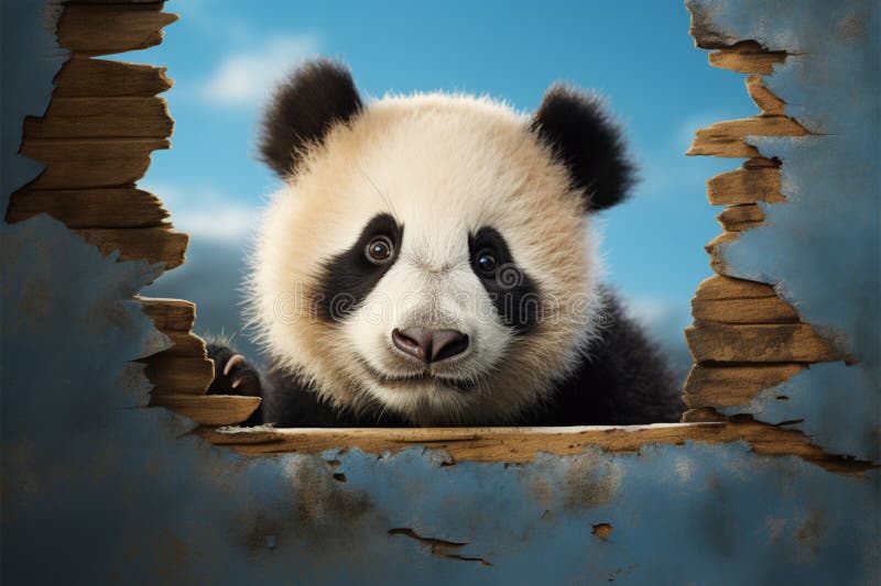 Torn Wall Unveils a Cute Panda, Pondering the Vast Emptiness Stock ...