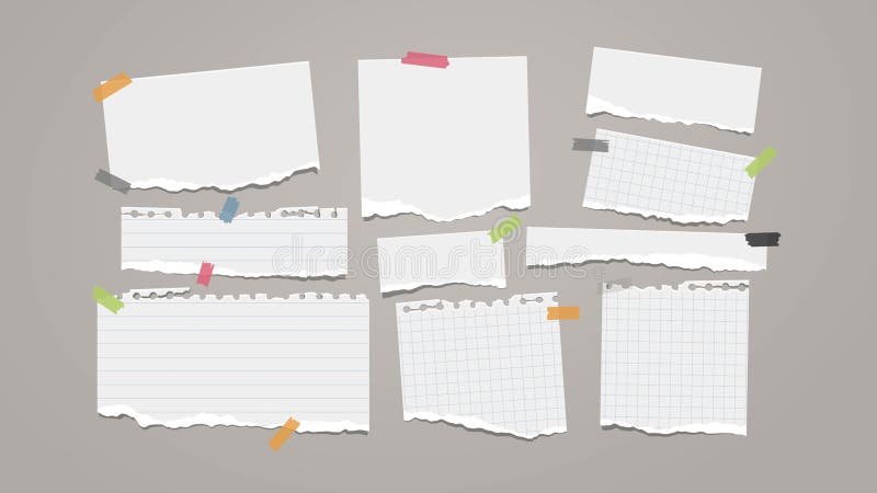 Torn of White Animated Note, Notebook Paper Strips, Pieces are on Grey ...