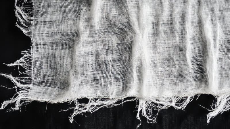 Torn White Fabric with Loose Threads Against a Black Background ...