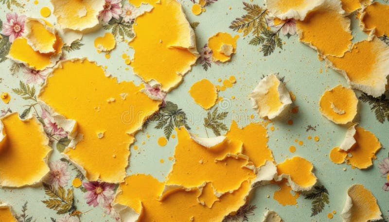 Torn Yellow Paper on Floral Pattern Wallpaper Background Stock Image ...