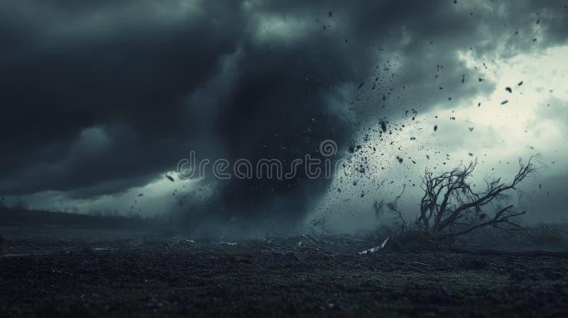 Tornado Devastation in Rural Landscape during Stormy Weather Stock ...