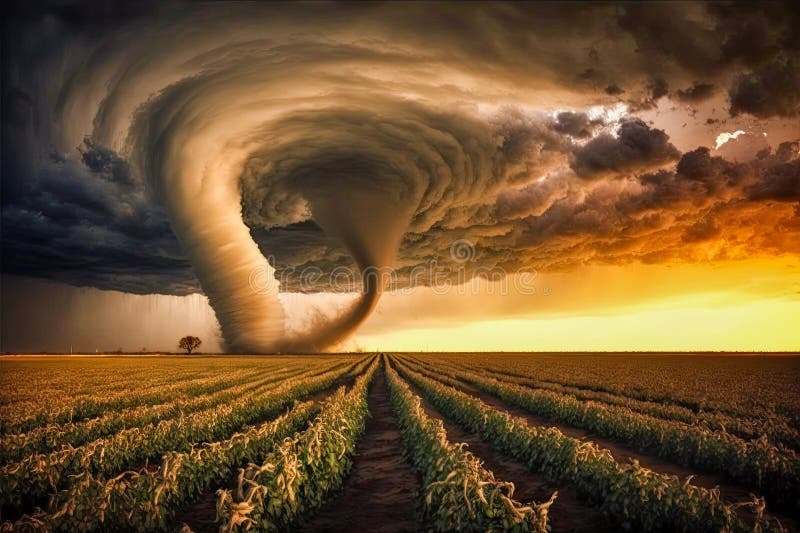 Tornado in a Field with a Lone Tree Stock Illustration - Illustration ...