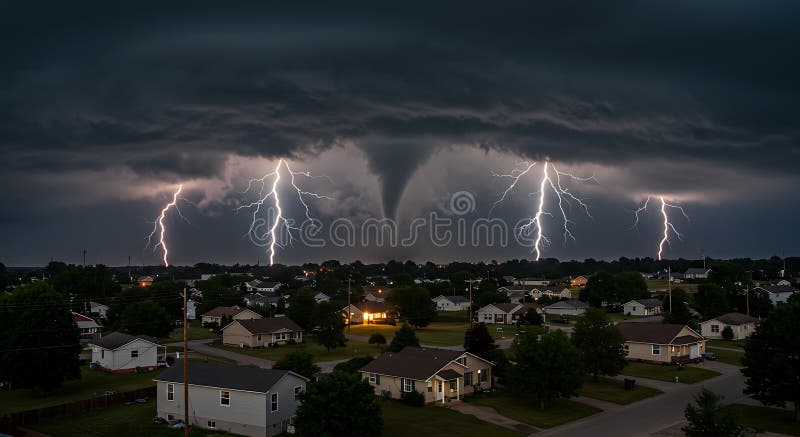 Tornado with Lightning Over Town Stock Illustration - Illustration of ...