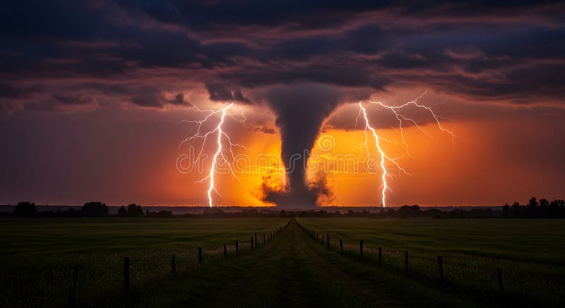 Tornado and the Lightning Thunder Attack the Green Field when Sunset ...