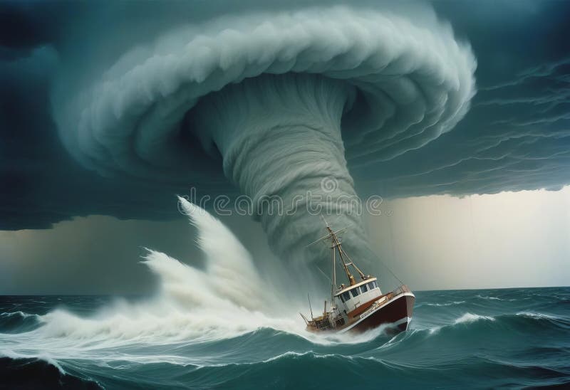Tornado the Middle of the Ocean with a Drifting Boat Stock Illustration ...