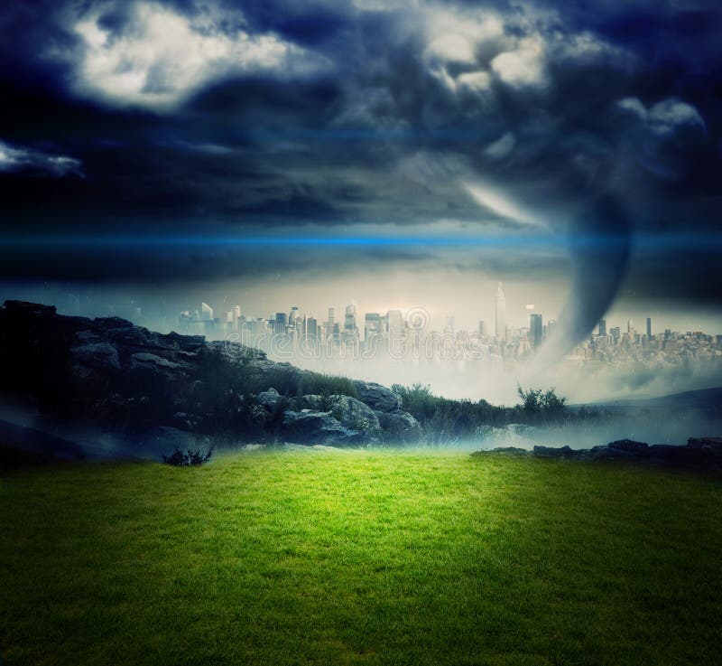 Tornado Over City and Moutains Stock Illustration - Illustration of ...