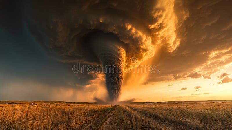 Tornado Over Field at Sunset, Dramatic Sky. Natural Disaster and ...