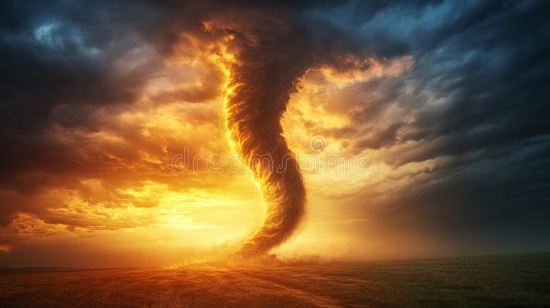 Tornado in Sunset Landscape, Dramatic Sky. Natural Disaster and Weather ...