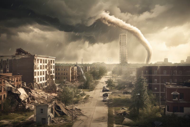 Tornado Touching Down in a City, with Buildings and People Being ...