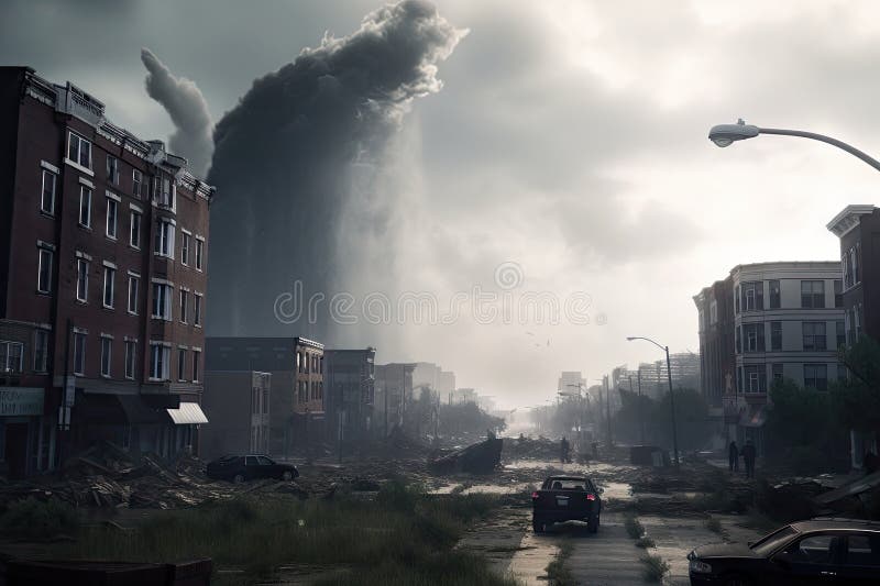 Tornado Touching Down in a City, with Buildings and People Being ...