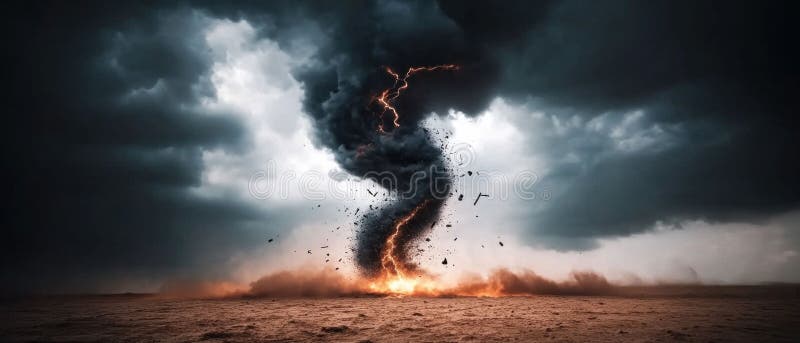 Tornado Touching Ground with Lightning and Dust in Stormy Sky Stock ...