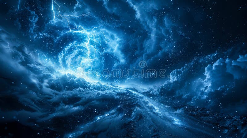 Tornado Under Light from Lightning Flashes in Night Sky in Blue Tones ...