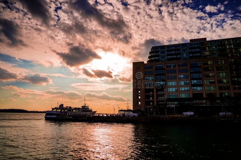 Toronto port side at dusk stock photo. Image of dusk - 337182662