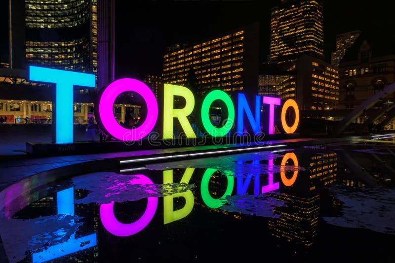 Toronto Sign Lit Up at Night, on Nathan Phillips Square is Seen with ...