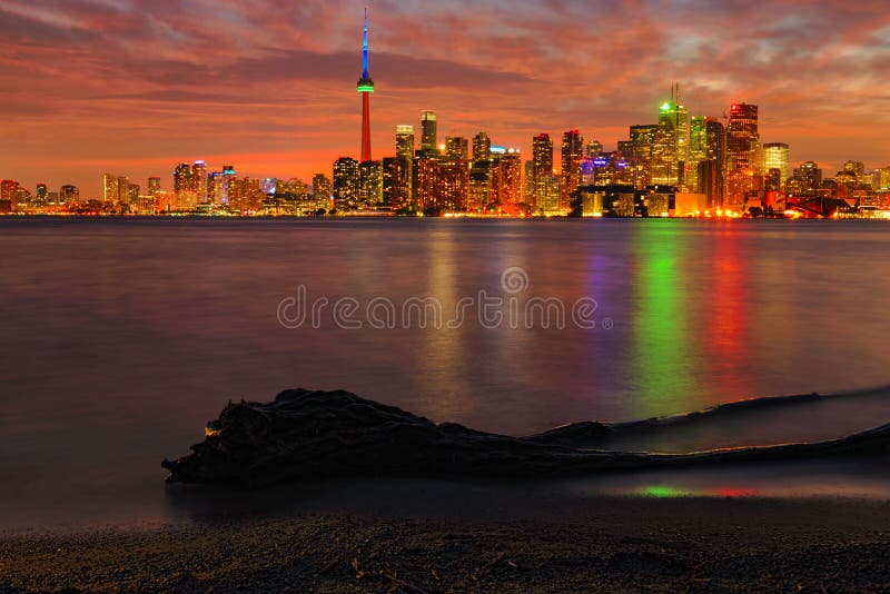 Toronto Skyline from a Beach at Sunset. Stock Image - Image of lights ...
