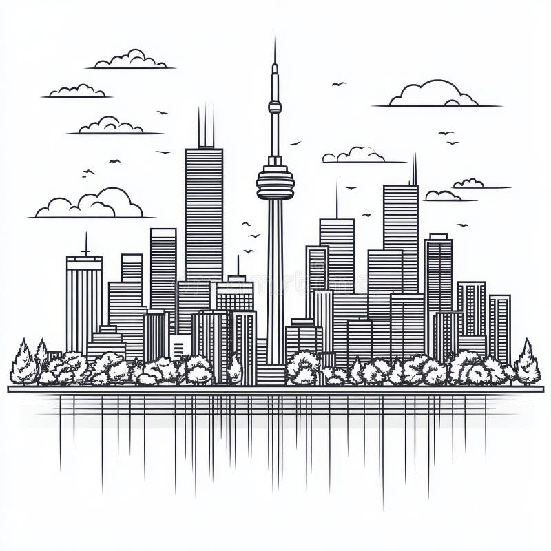 Toronto Skyline Cityscape Iconic Tower Black and White Illustration ...