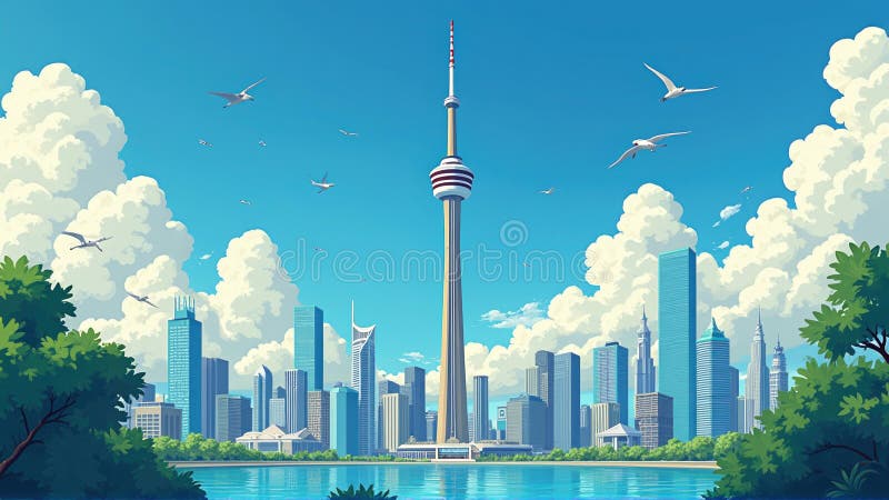 Toronto Skyline with CN Tower and Birds. Stock Illustration ...