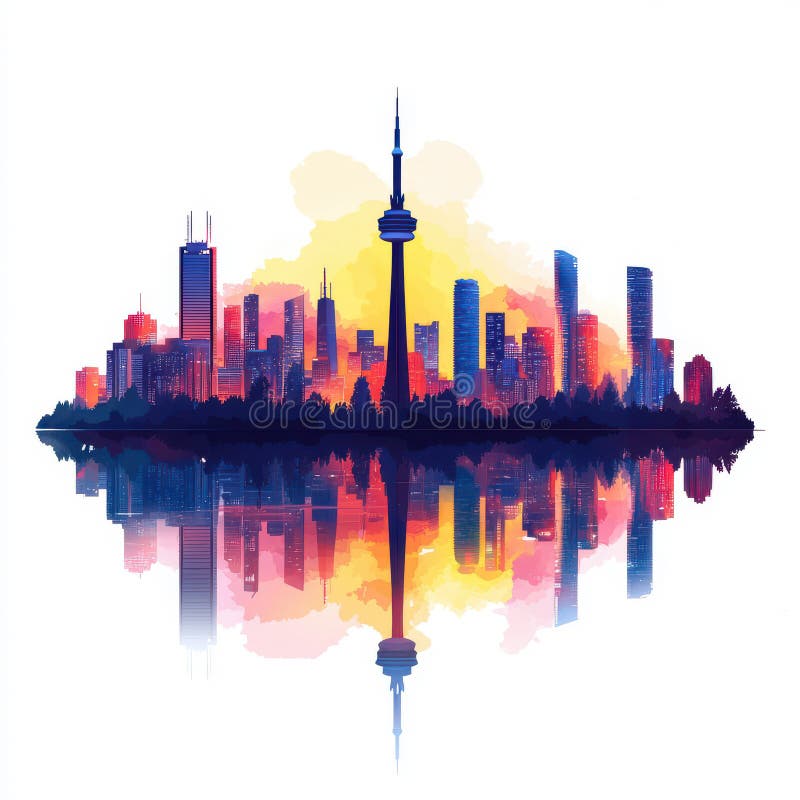 Toronto Skyline CN Tower Cityscape Reflection Watercolor Art Stock ...