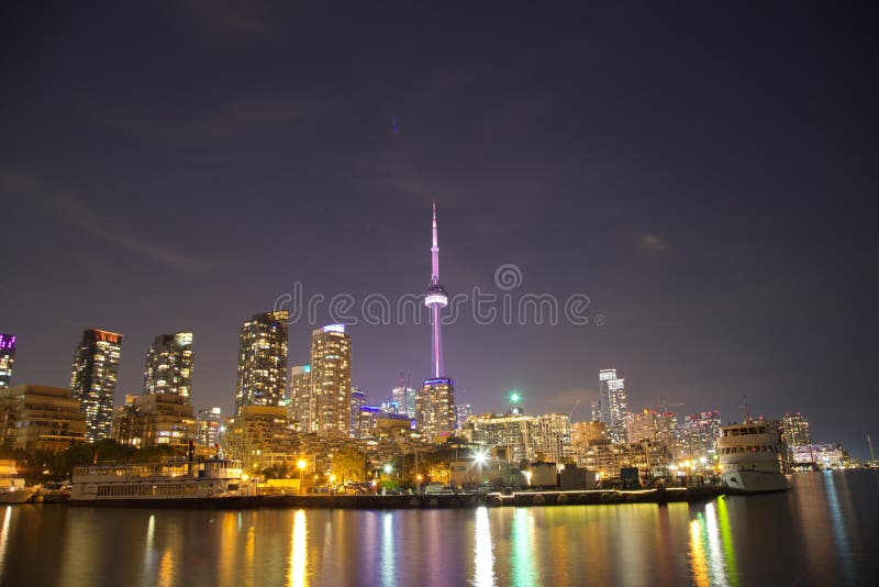 Toronto Skyline at Night with a Reflection in Lake Ontario Stock Photo ...
