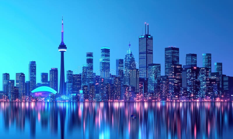 Toronto Skyline at Night with Vibrant Lights and Reflections on Water ...