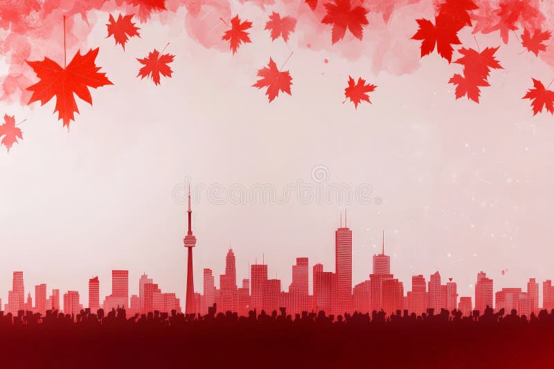 Toronto Skyline Silhouette with Red Maple Leaves and Cn Tower in Autumn ...