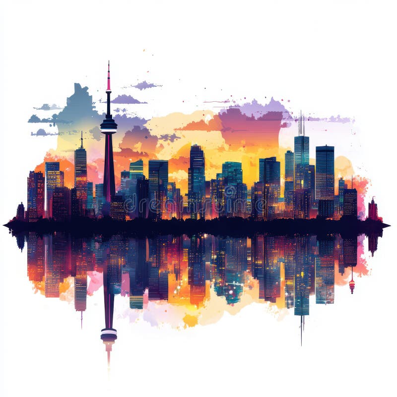 Toronto Skyline Sunset Reflection Watercolor Art Stock Illustration ...