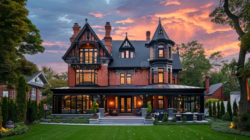 Toronto Villa Outside with Lawn , Nighted Light and Sunset Stock ...