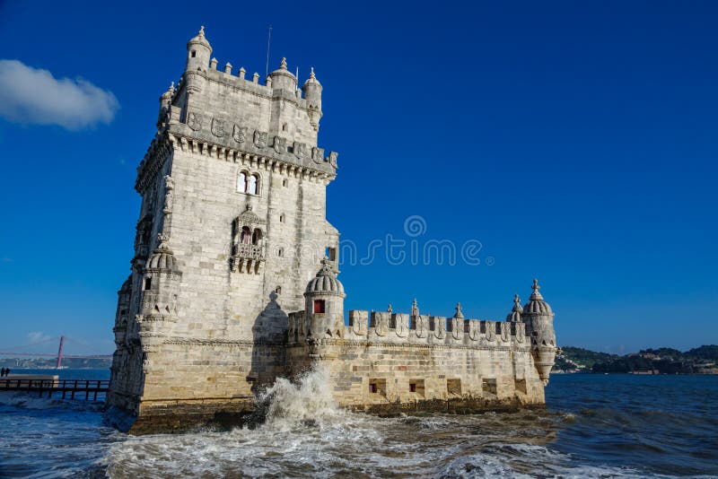 Lisbon Torre De Belem, High Tide with Wave Breaking Stock Photo - Image ...