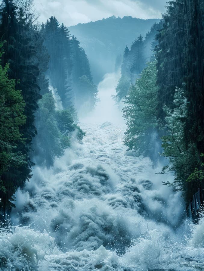 Torrent Waterfall Raging through Mountainous Forest Amidst Dense Mist ...