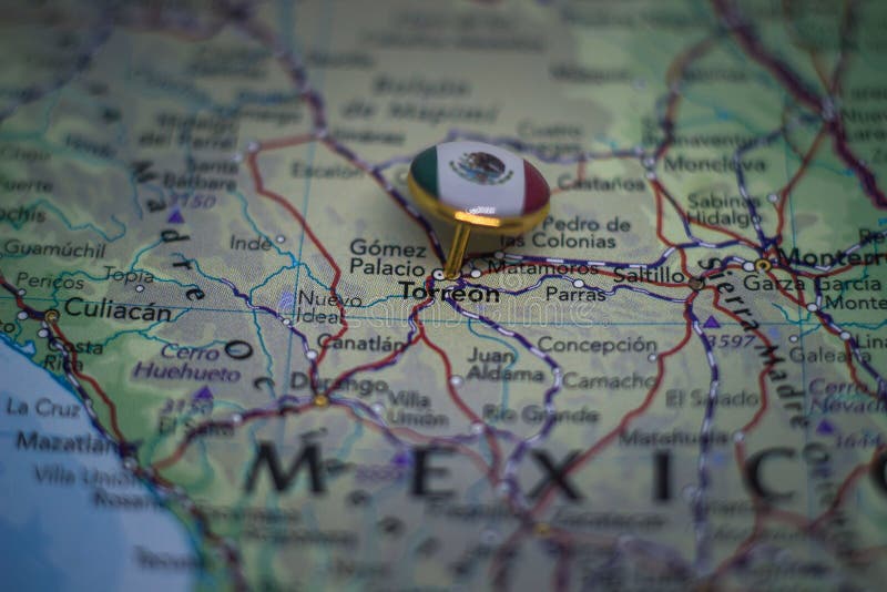 Torreon Pinned on a Map with the Flag of Mexico Stock Photo - Image of ...
