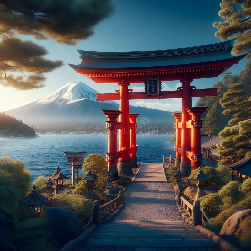 Torri Gate , Fuji Mountain Background. Stock Illustration ...
