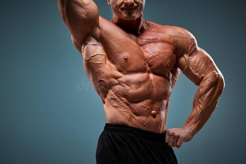 Torso of Attractive Male Body Builder on Gray Background. Stock Photo ...