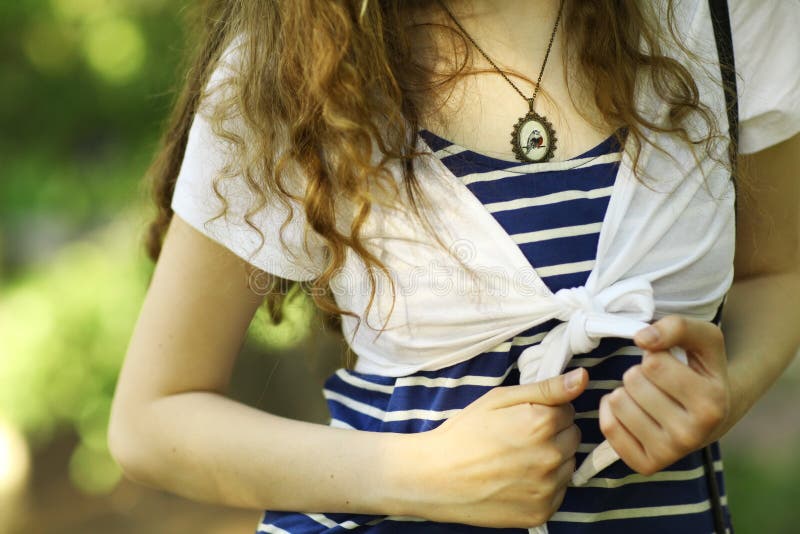 Torso Girl in Striped T-shirt Stock Photo - Image of hair, adult: 59859442