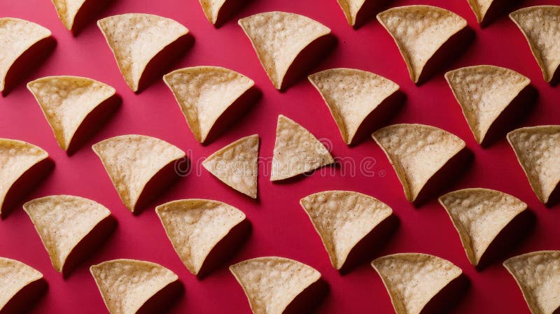 Tortilla Chips with Golden Texture on Red Surface, Arranged Neatly ...