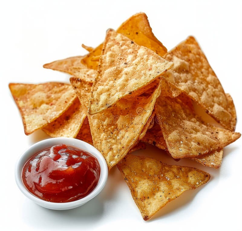 Tortilla Chips and Red Sauce on White Background Stock Image - Image of ...