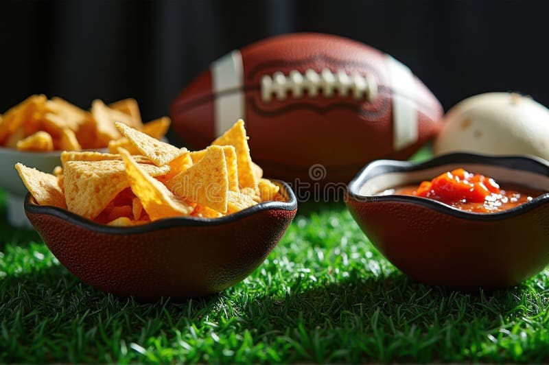 Tortilla Chips and Salsa on Turf with Football and Cheese Dip Stock ...