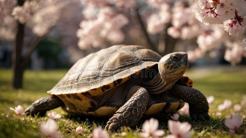 Beautiful Tortoise Resting Amongst Cherry Blossoms in Spring Stock ...