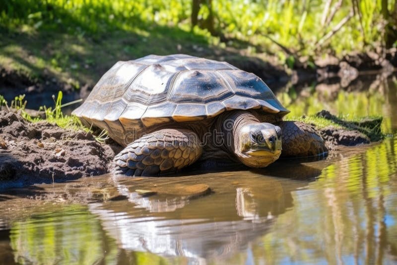 A Tortoise Basking in the Sun by a Pond Stock Illustration ...